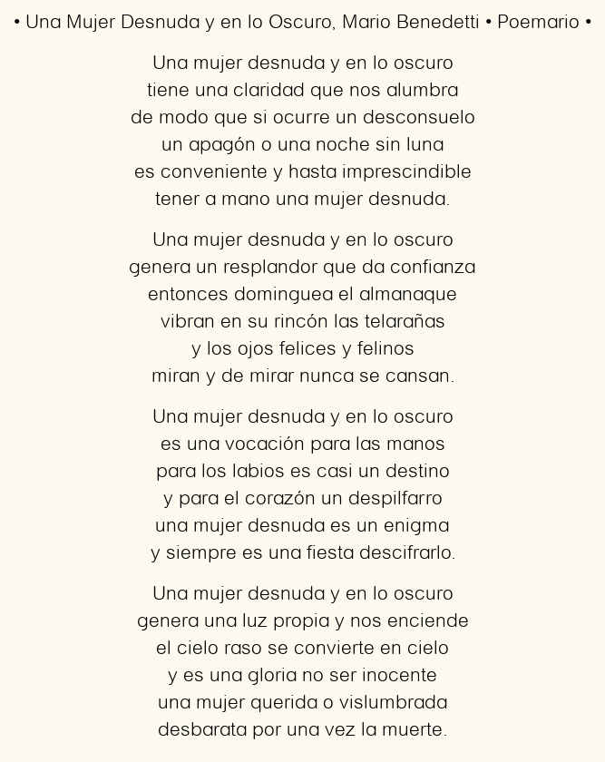 Una Mujer Desnuda Y En Lo Oscuro Mario Benedetti Poema Original En 
